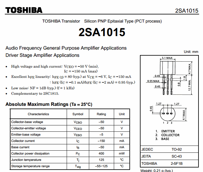 2SA1015 Silicon PNP Epitaxial Trasistors