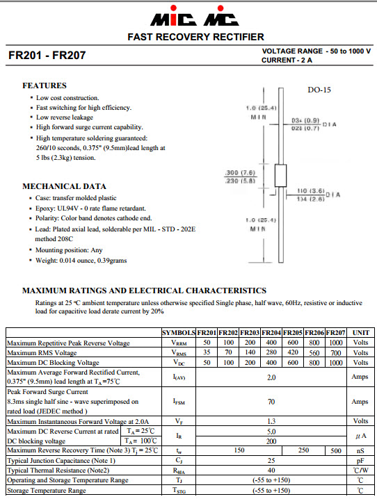 FR207 ไดโอด Fast Recovery Rectifier 1000V 2.0A