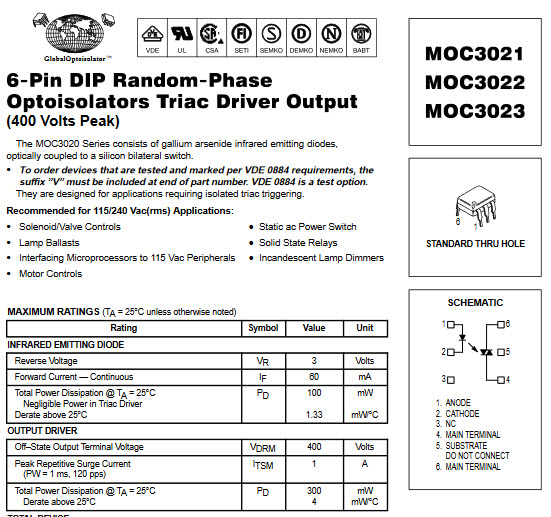MOC3022 6-Pin Optoisolators Triac Driver Output