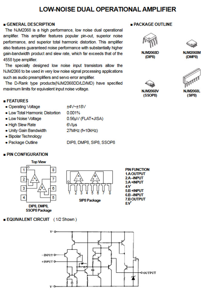 NJM2068D ไอซีดูอัลออปแอมป์ Low-noise and high performance